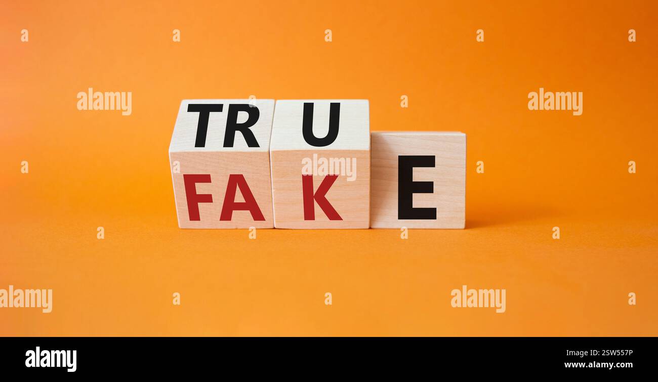 True vs Fake symbol. Wooden cubes with words Fake and True. Beautiful ...