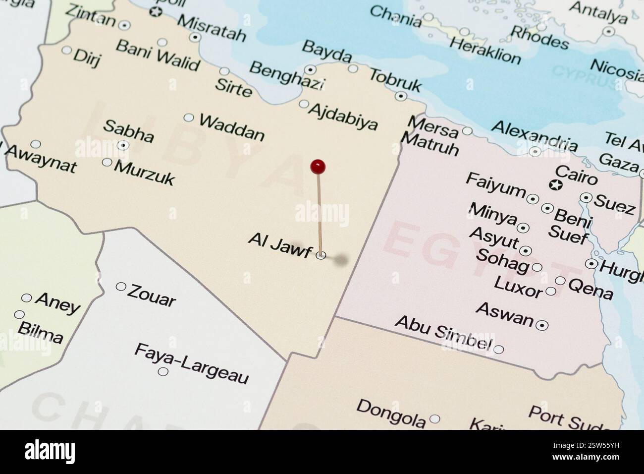 red pin needle into Al Jawf city of Libya political map Stock Photo - Alamy