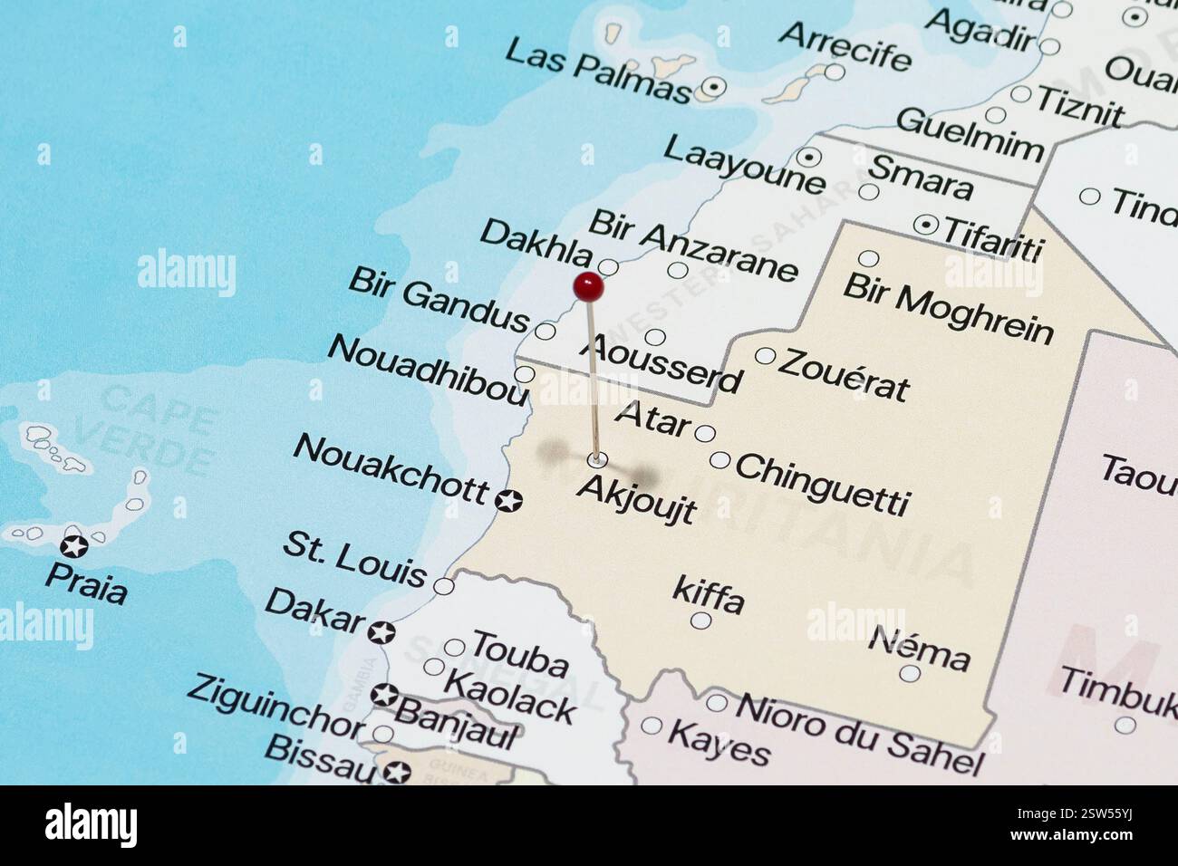 red pin needle into Akjoujt city of Mauritania political map Stock ...