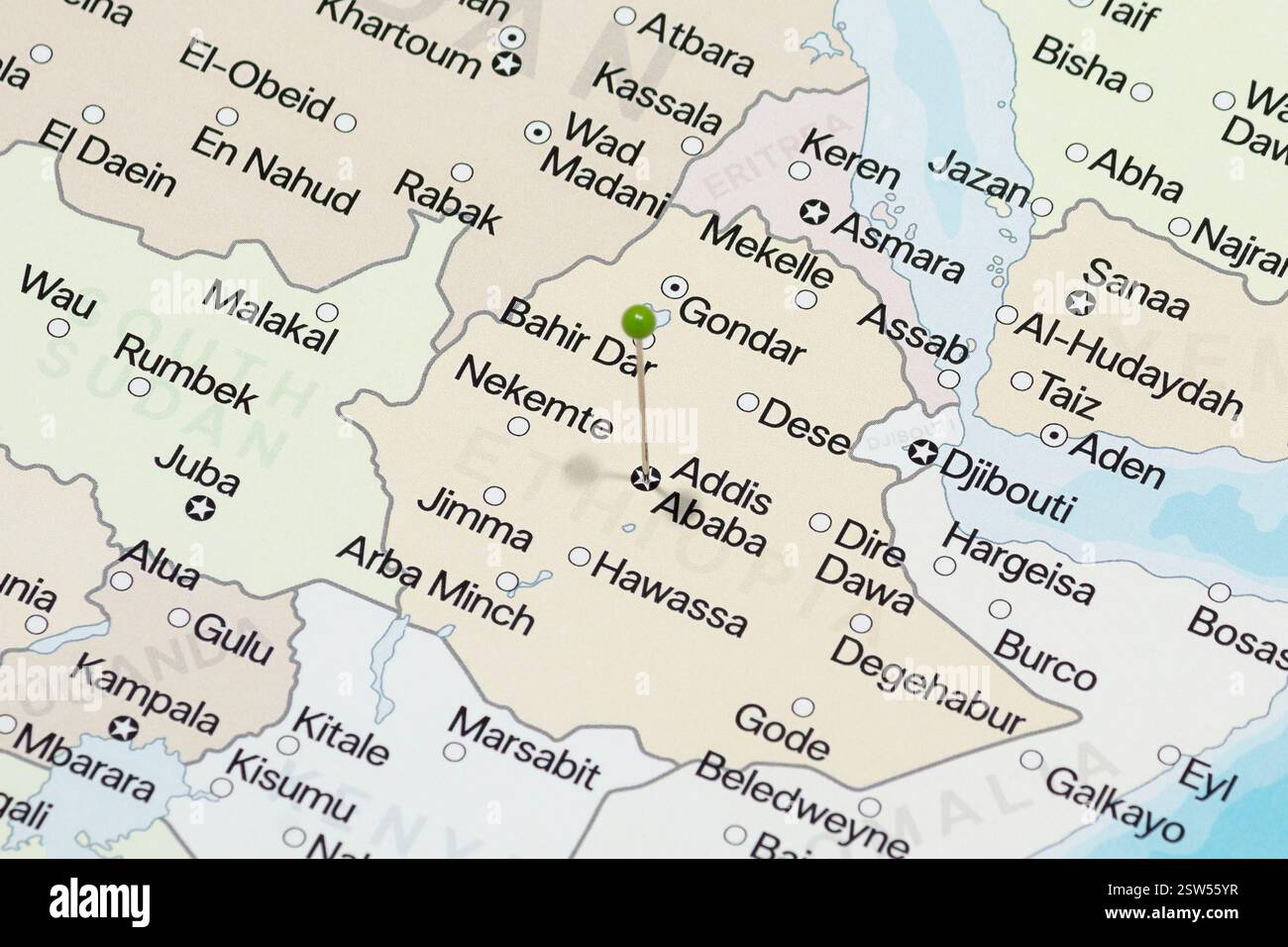 green pin needle into Addis Ababa city of Ethiopia political map Stock ...