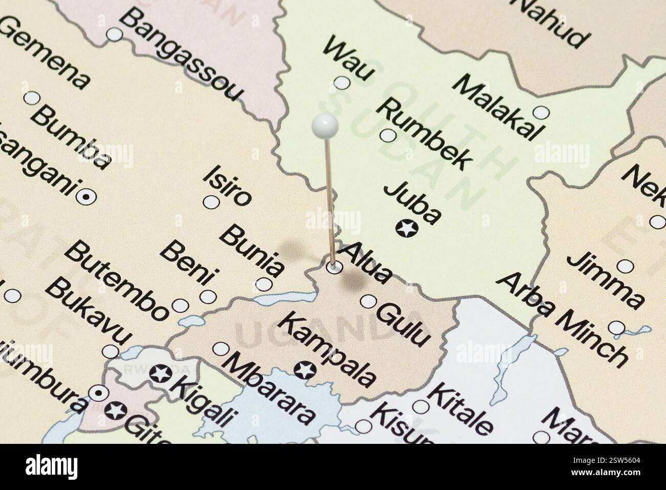 white pin needle into Alua city of Uganda political map Stock Photo - Alamy