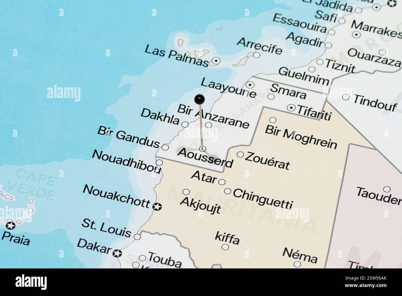 black pin needle into Aousserd city of Western Sahara political map ...