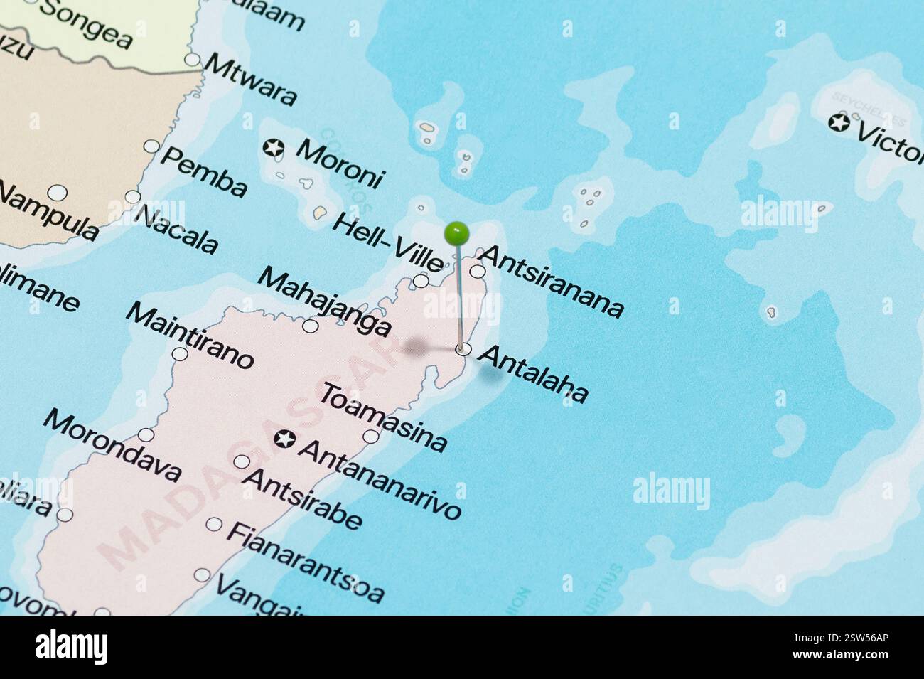 green pin needle into Antalaha city of Madagascar political map Stock Photo - Alamy