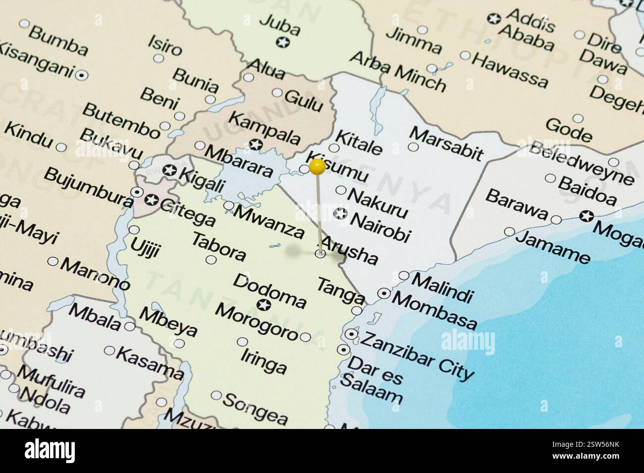 yellow pin needle into Arusha city of Tanzania political map Stock ...