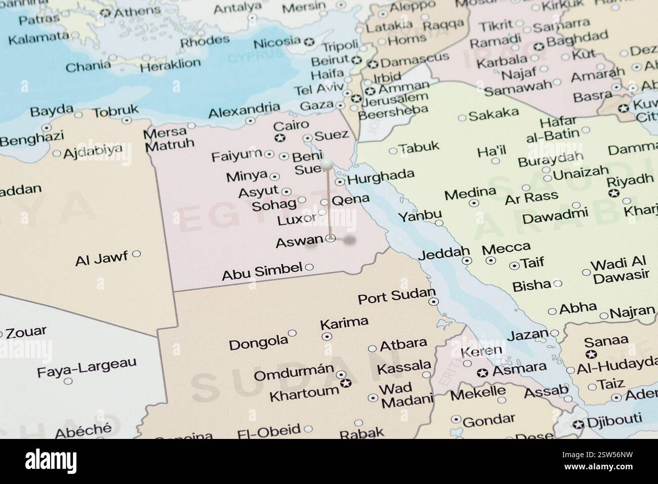 white pin needle into Aswan city of Egypt political map Stock Photo - Alamy