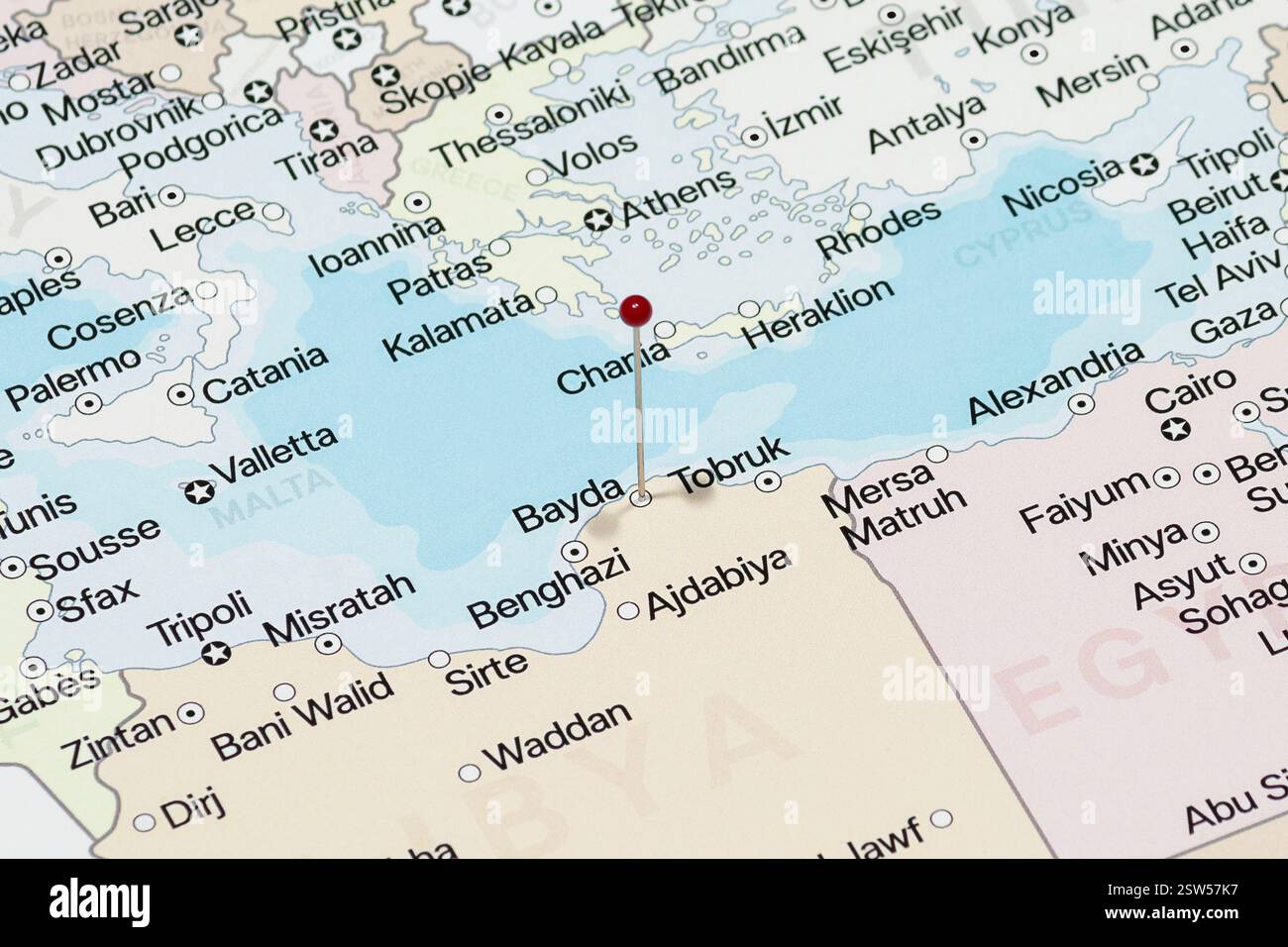 red pin needle into bayda city of libya political map Stock Photo - Alamy
