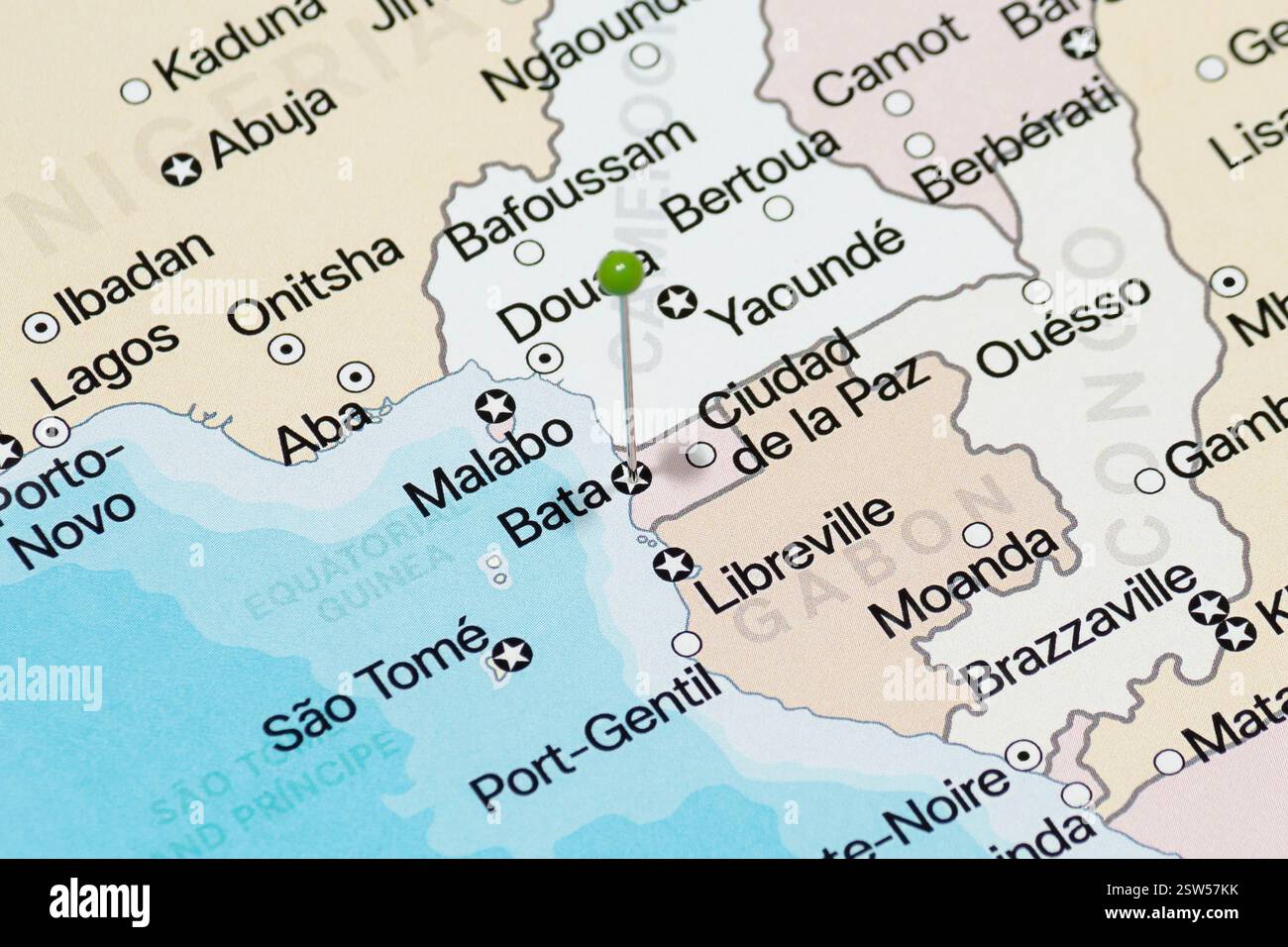 green pin needle into bata city of equatorial guinea political map ...