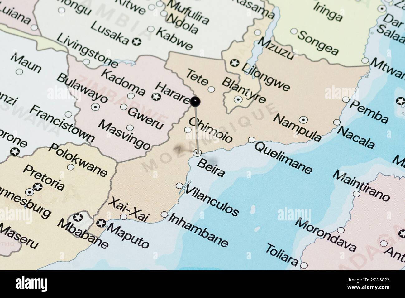 black pin needle into beira city of mozambique political map Stock ...