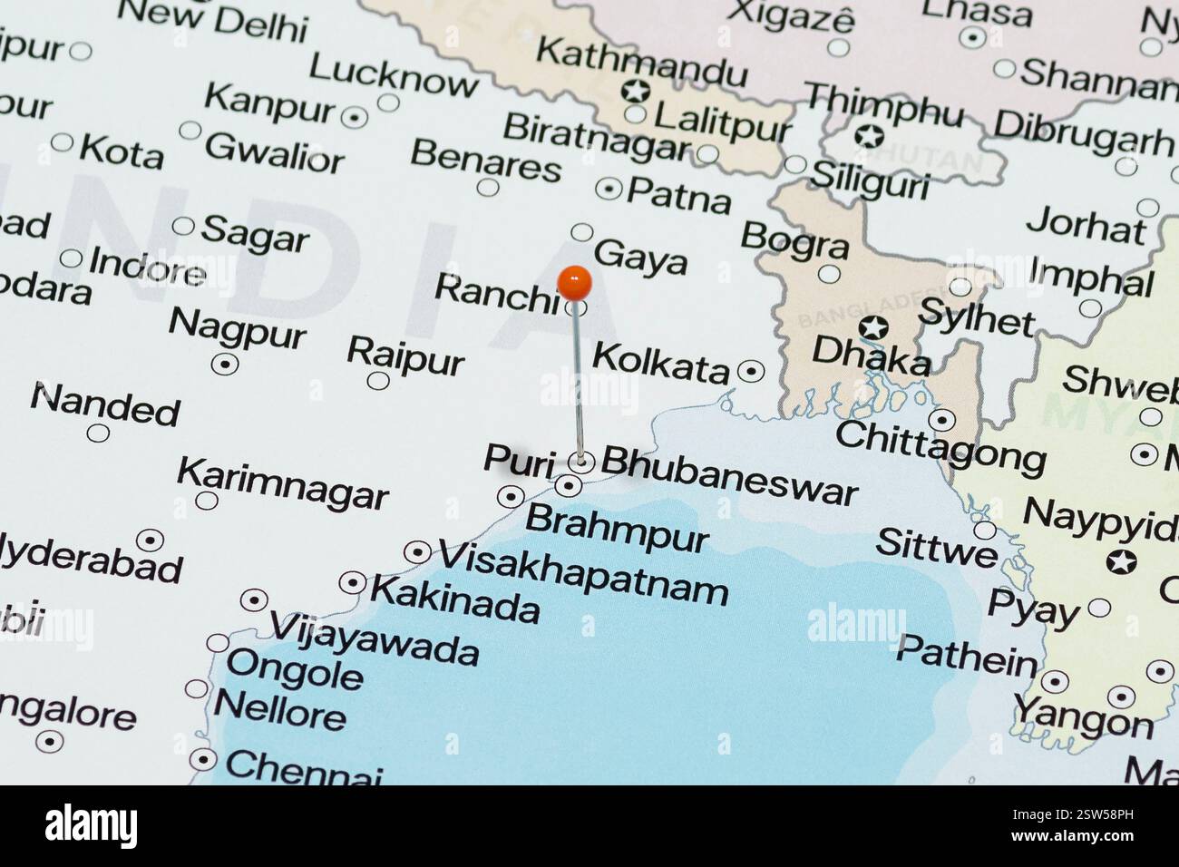 an orange pin needle into bhubaneswar city of India political map Stock ...