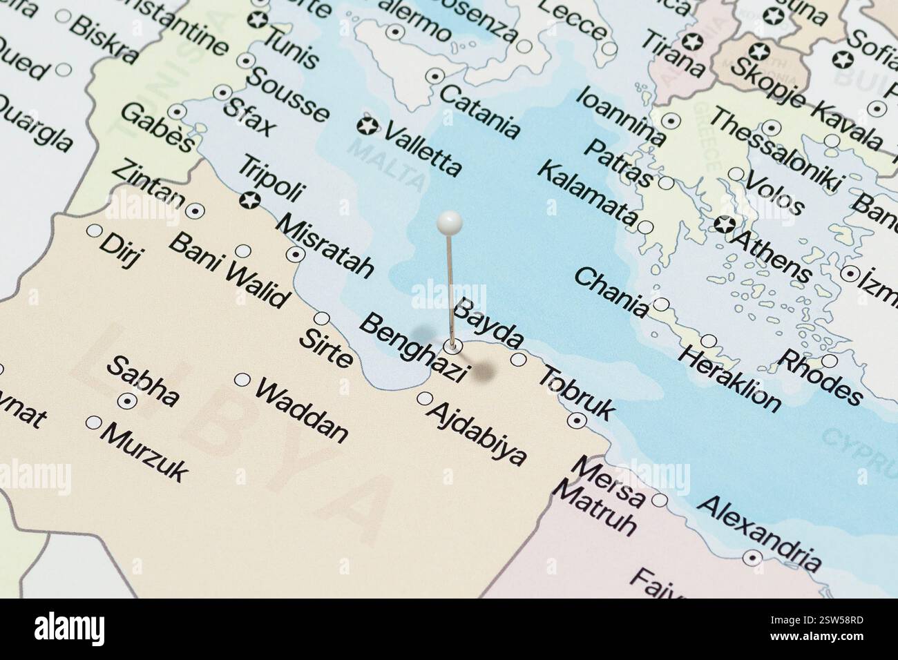 white pin needle into benghazi city of libya political map Stock Photo ...