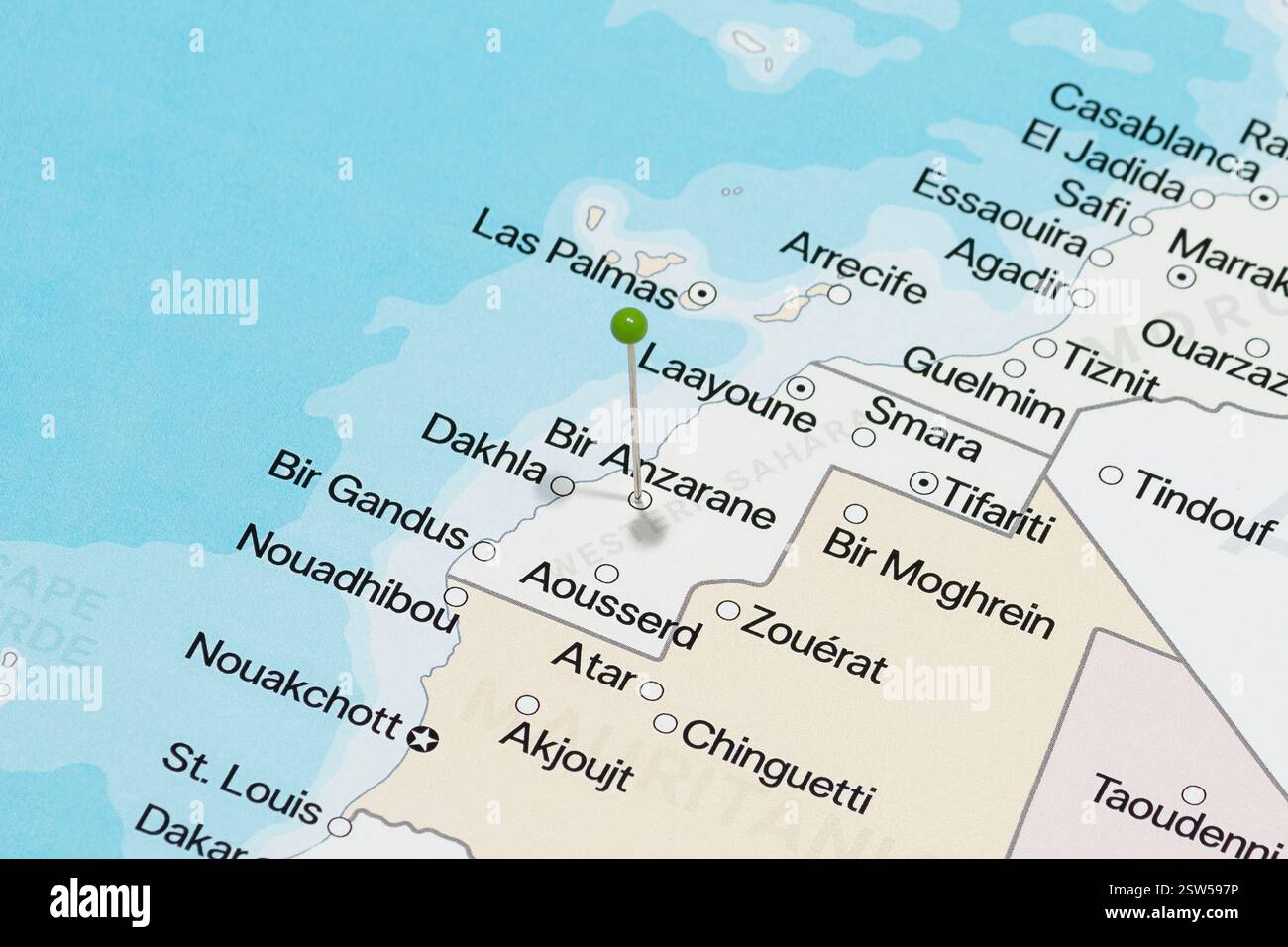 green pin needle into bir anzarane city of western sahara political map ...