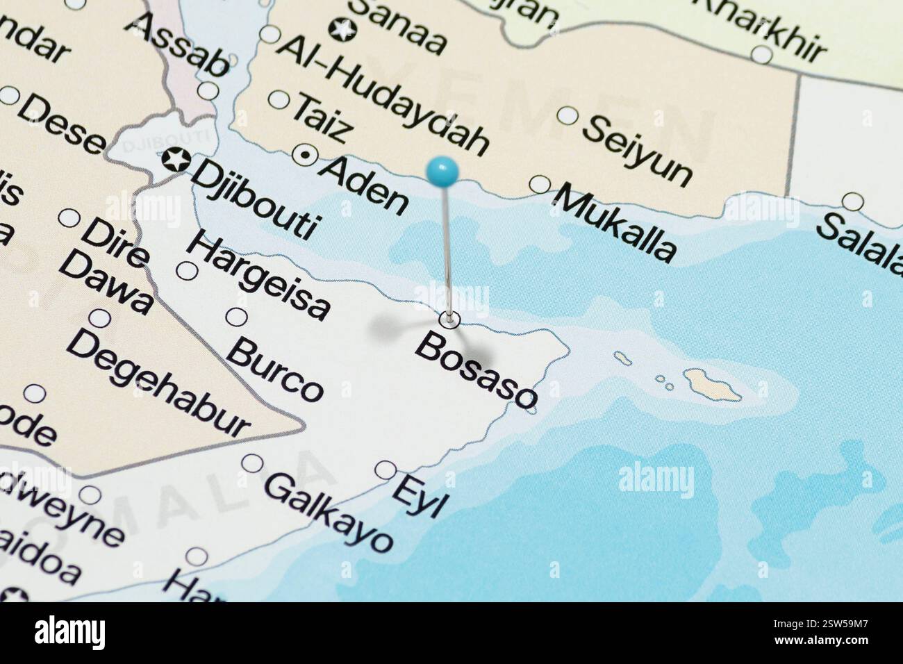 light blue pin needle into bosaso city of somalia political map Stock ...