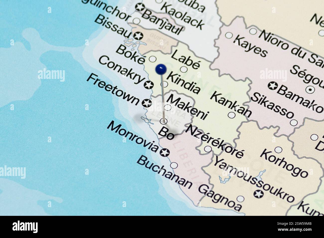 blue pin needle into bo city of sierra leone political map Stock Photo ...