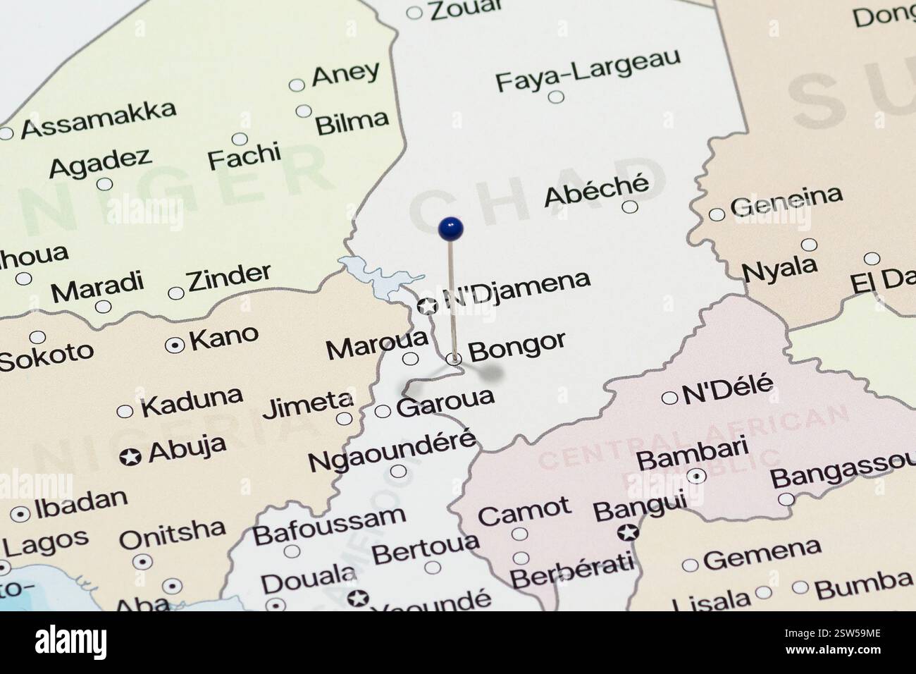blue pin needle into bongor city of chad political map Stock Photo - Alamy