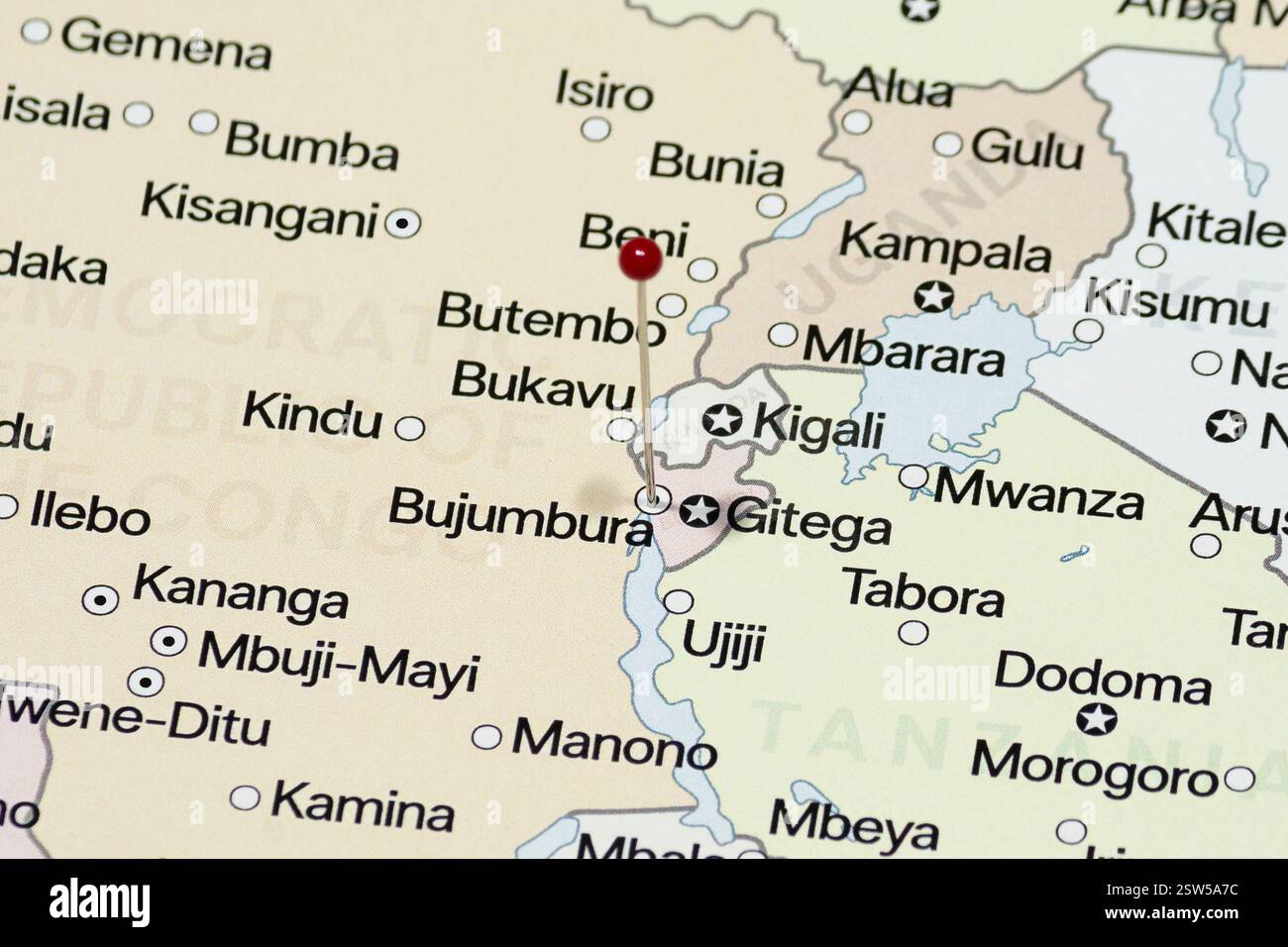 red pin needle into bujumbura city of burundi political map Stock Photo ...