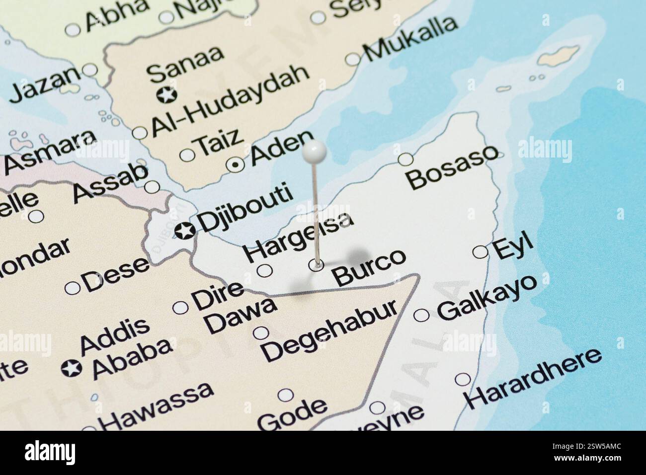 white pin needle into burco city of somalia political map Stock Photo ...