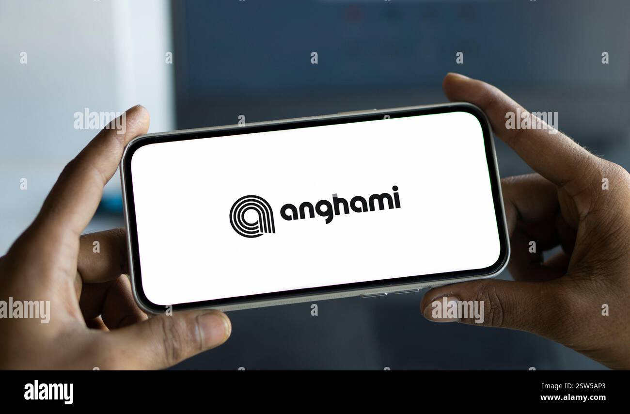 Dhaka, Bangladesh- 28 Sep 2024: Anghami logo is displayed on smartphone ...