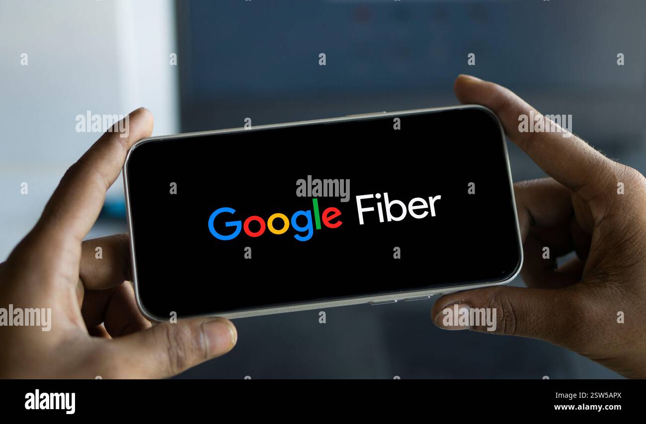 Dhaka, Bangladesh- 28 Sep 2024: Google Fiber logo is displayed on ...