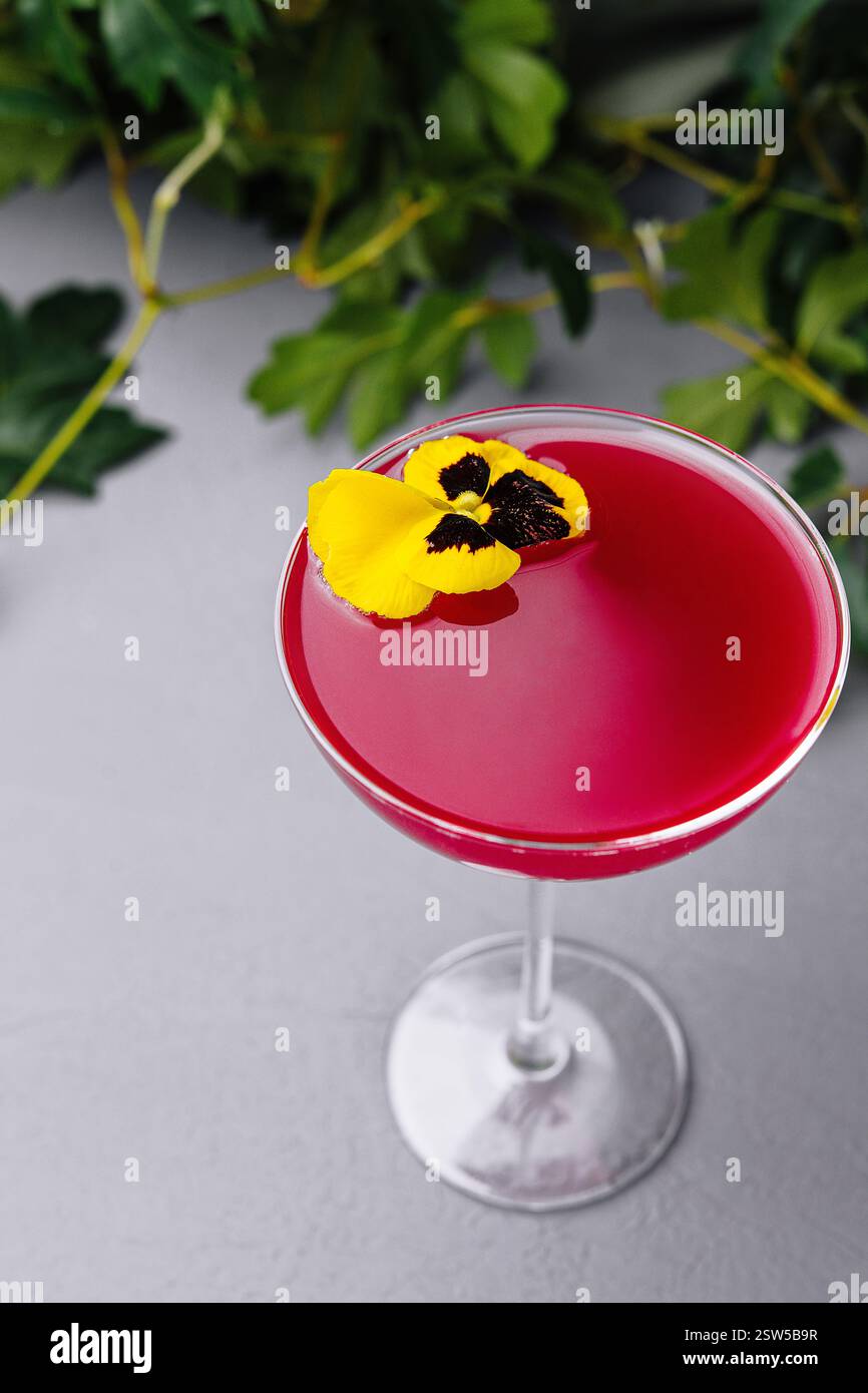 Elegant pink cocktail with edible flower garnish Stock Photo - Alamy