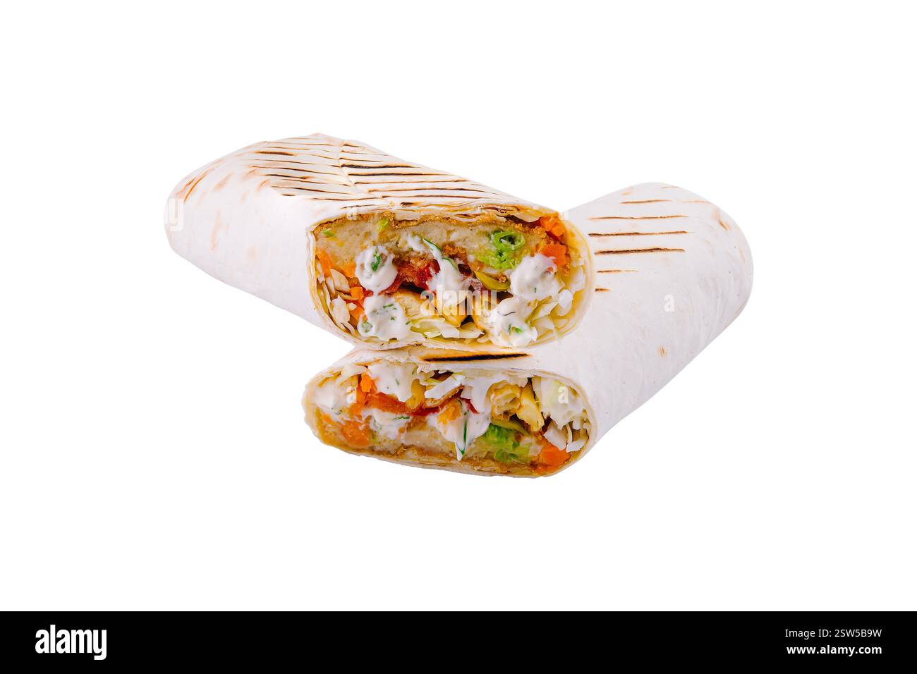 Chicken shawarma wrap on white background Stock Photo - Alamy