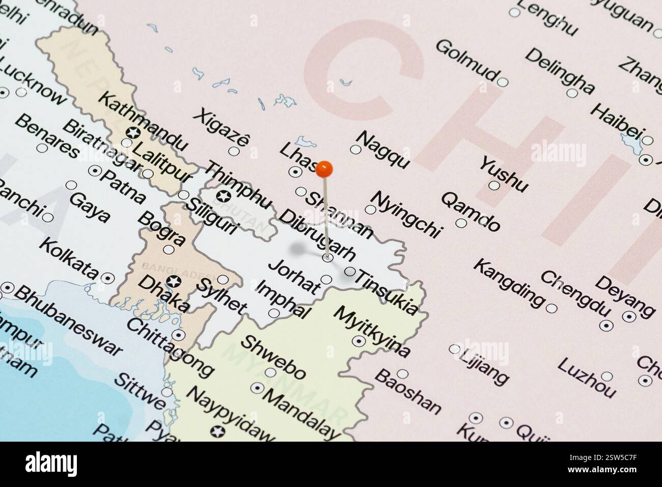 orange pin needle into dibrugarh city of India political map Stock ...
