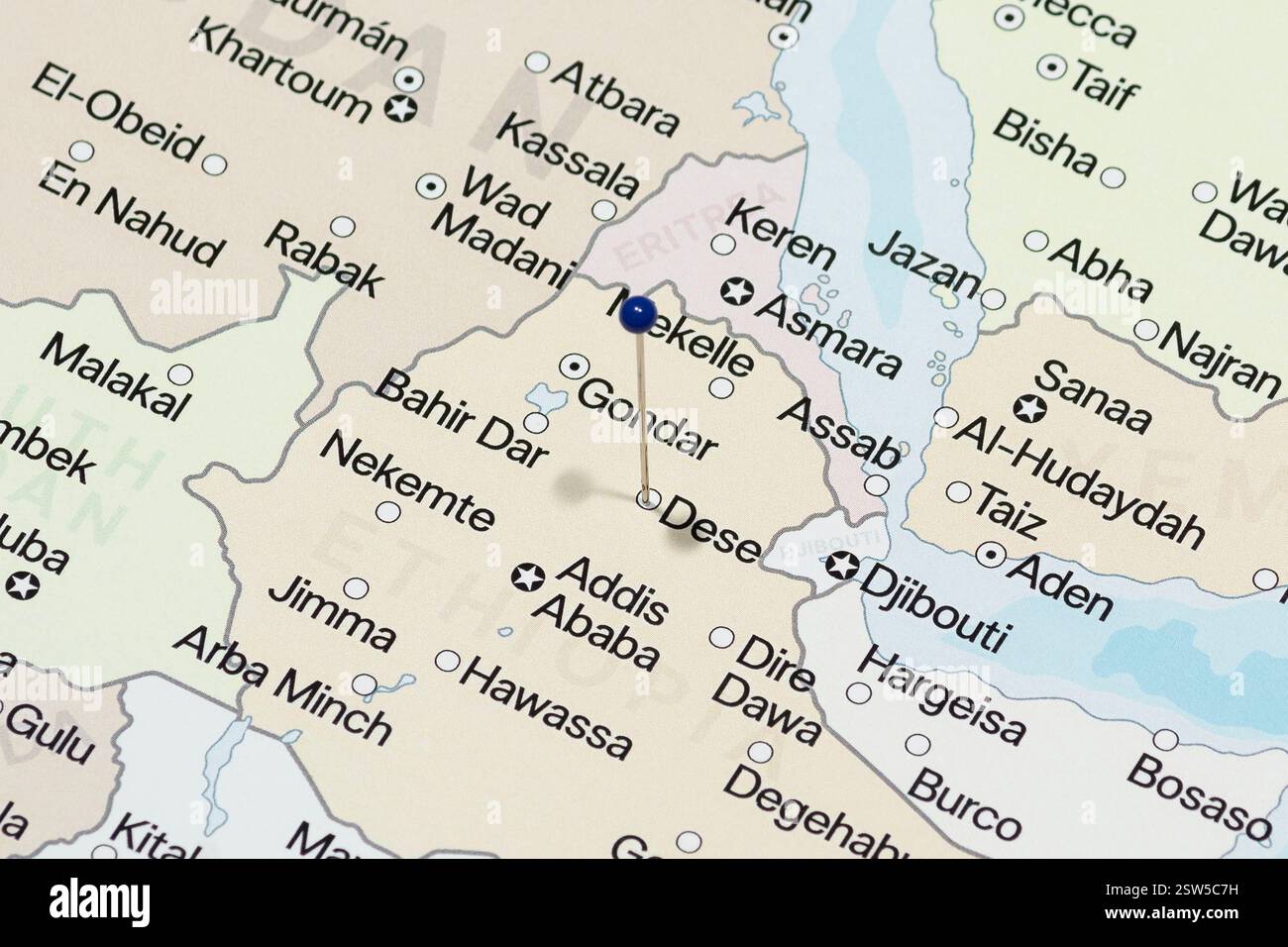 blue pin needle into dese city of ethiopia map Stock Photo - Alamy