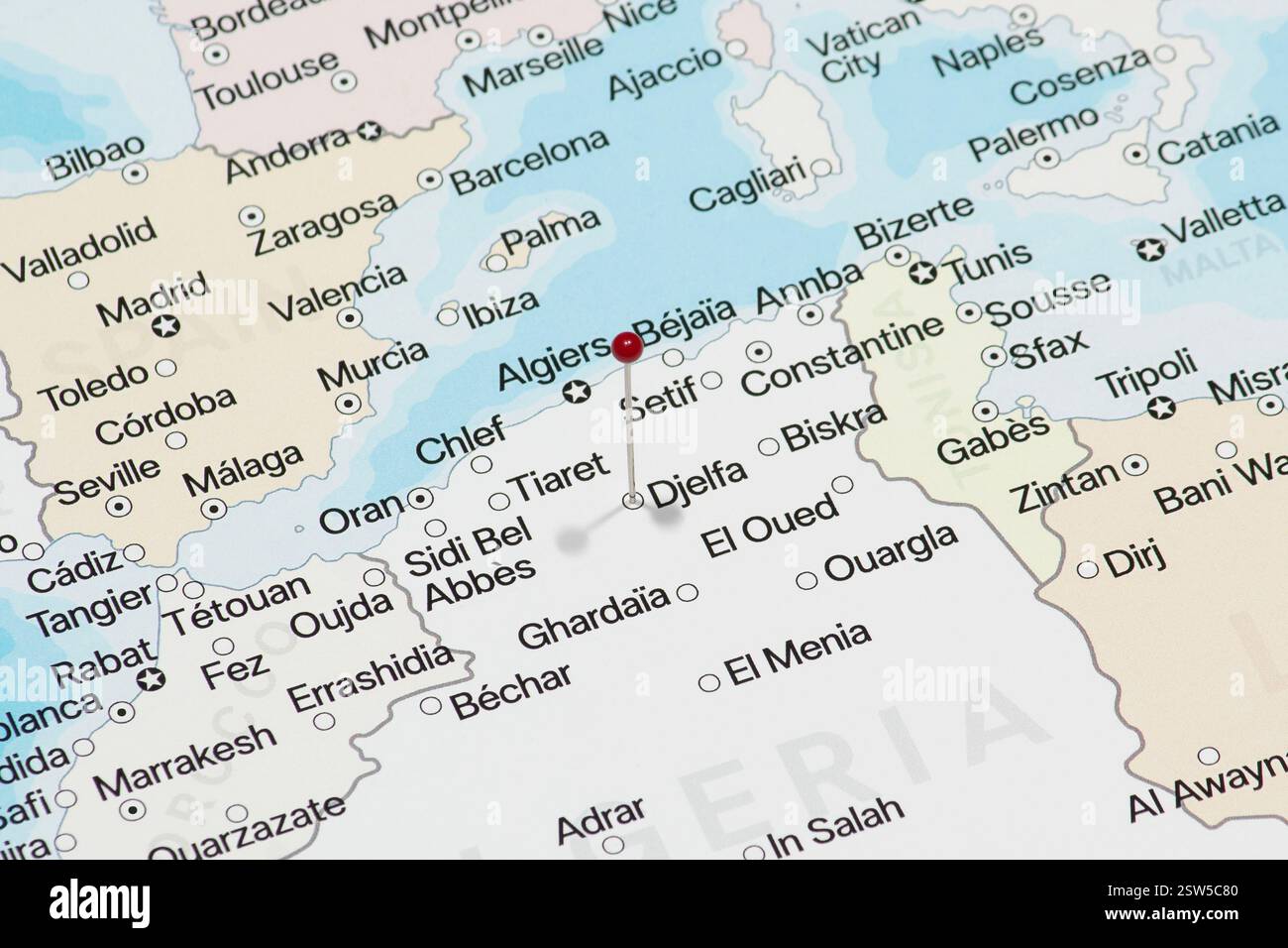 red pin needle into djelfa city of algeria political map Stock Photo ...