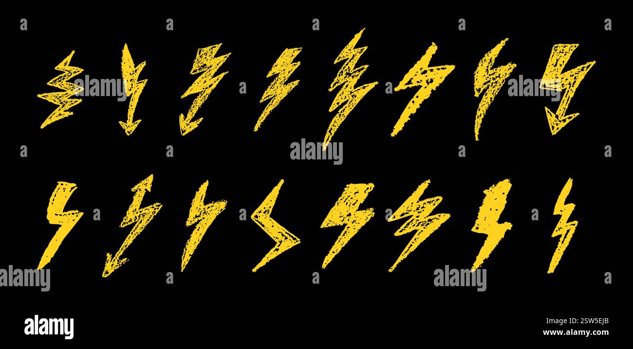Set of lightning by wax pencil drawing. Collection of handdrawing chalk ...