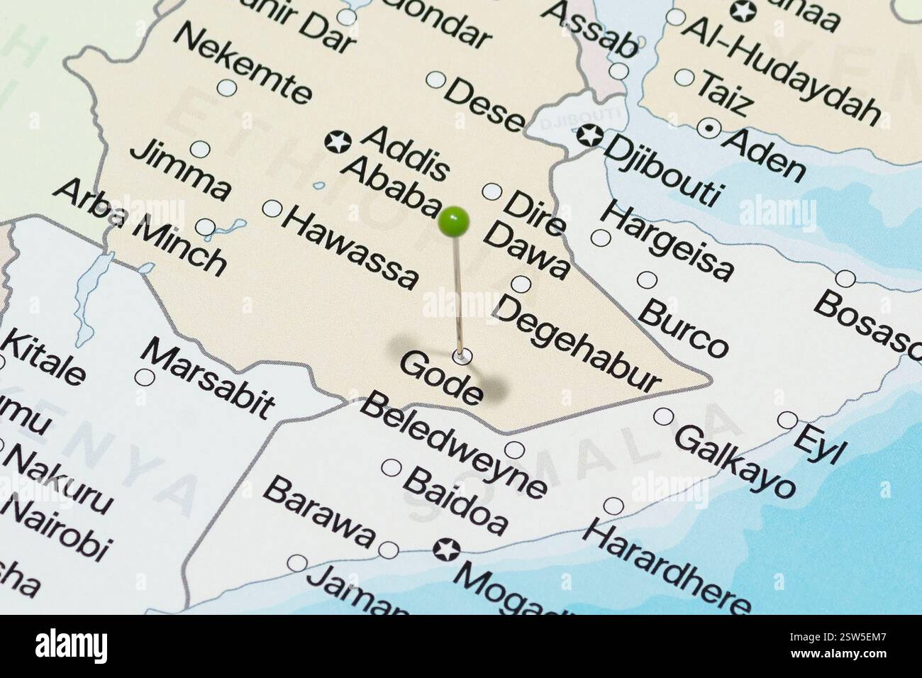 green pin needle into gode city of ethiopia political map Stock Photo ...