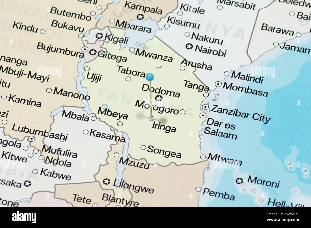 light blue pin needle into iringa city of tanzania political map Stock ...