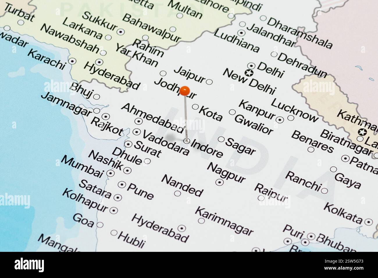 an orange pin needle into indore city of india political map Stock ...