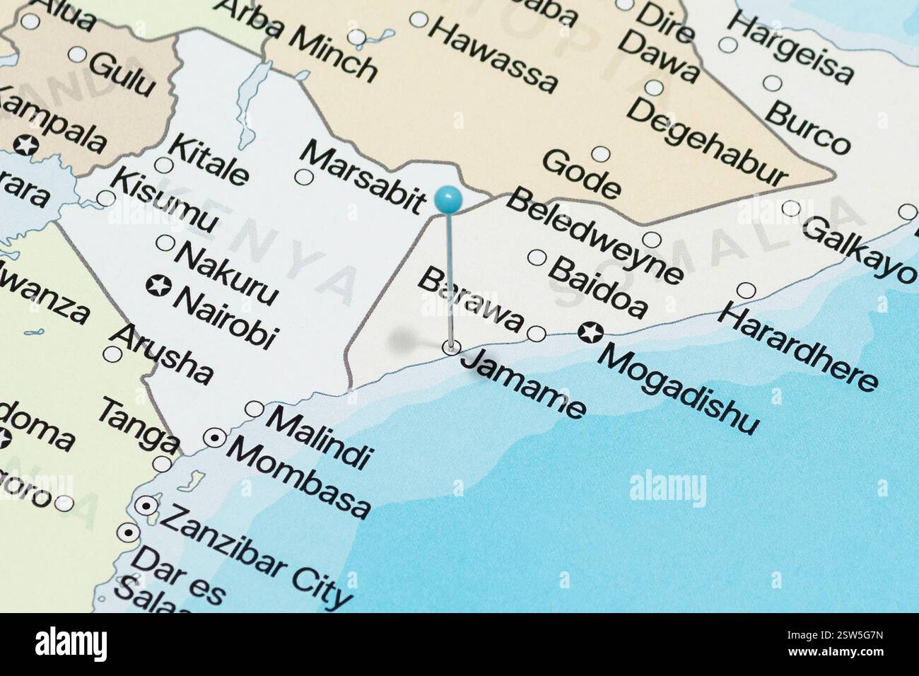 light blue pin needle into jamame city of somalia political map Stock ...