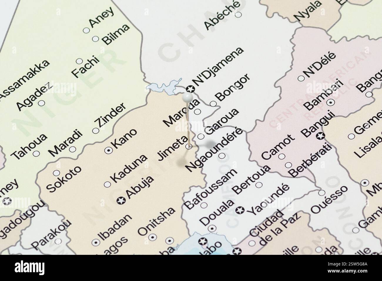 white pin needle into jimeta city of nigeria political map Stock Photo ...