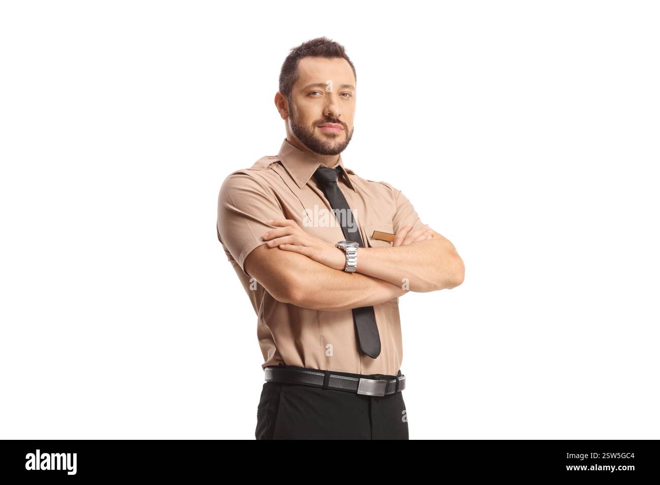 Security guard posing with crossed arms isolated on white background ...