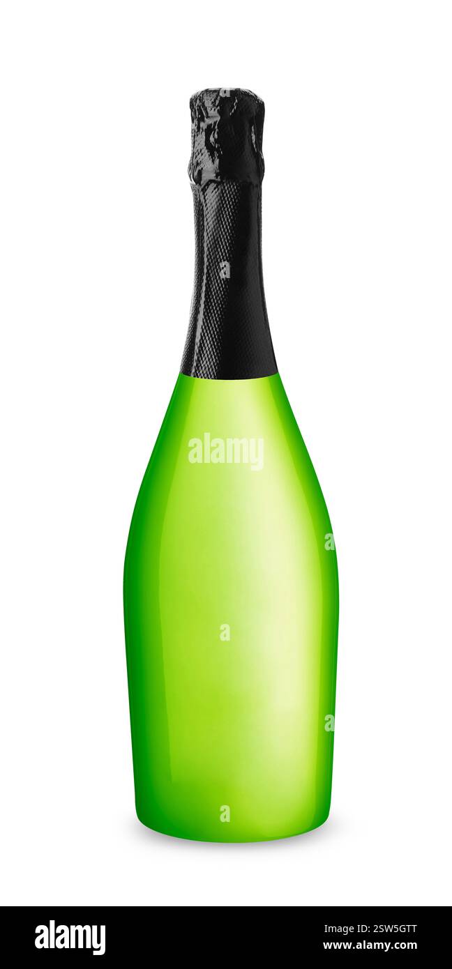 Isolated green champagne bottle with a foil top on a white background ...