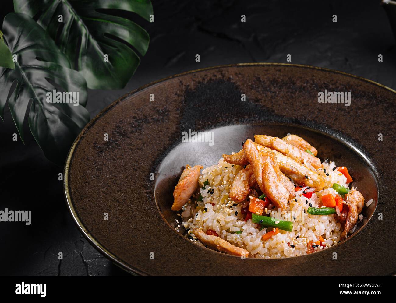 Asian chicken fried rice on elegant plate Stock Photo - Alamy
