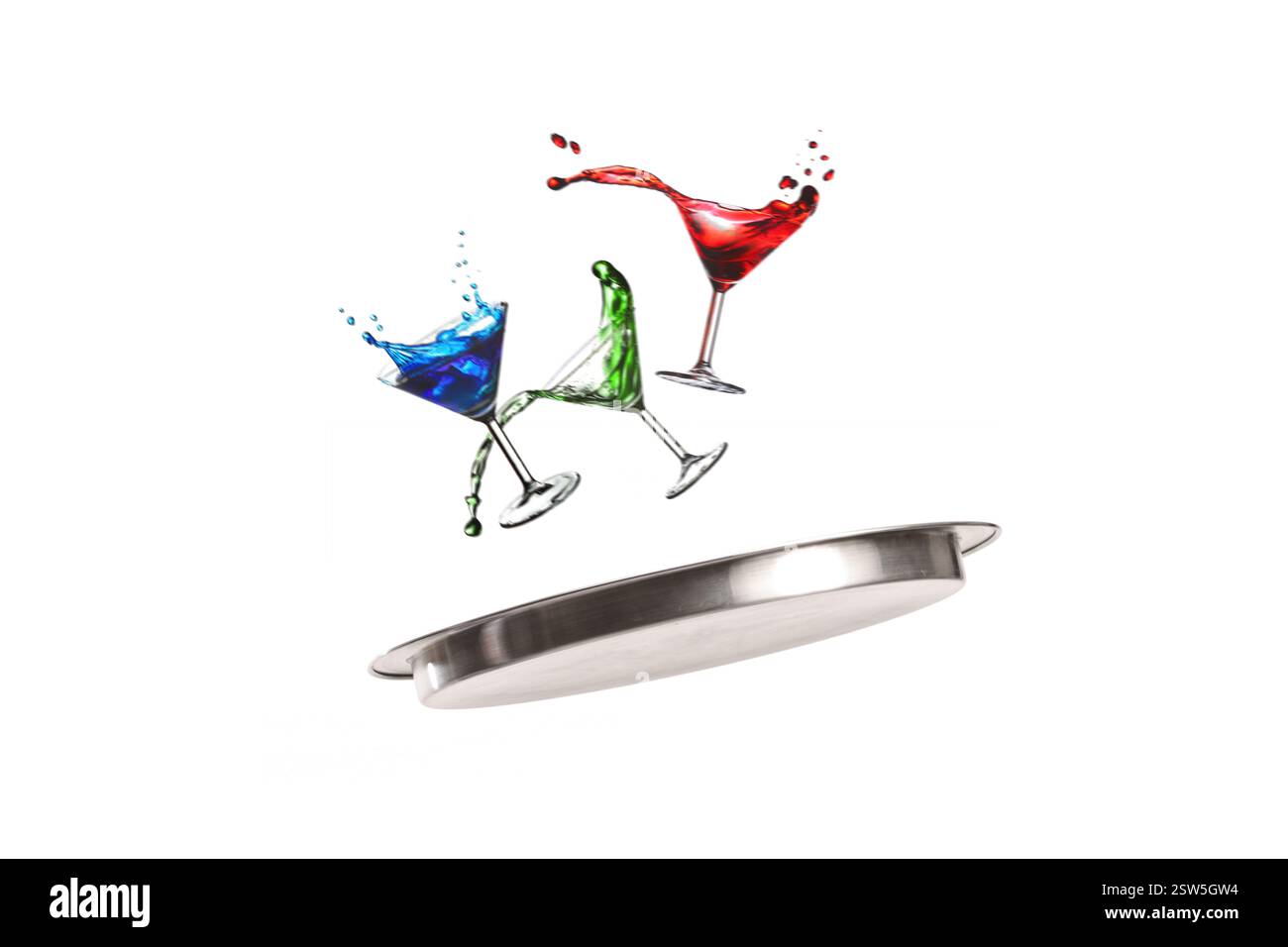 Pouring cocktail glasses falling from a tray with spilled liquid in air ...
