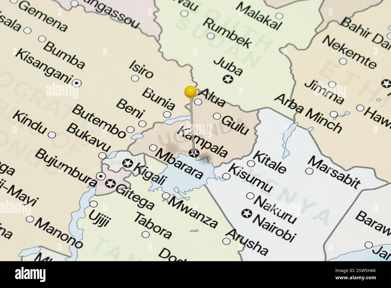 yellow pin needle into kampala city of uganda political map Stock Photo ...