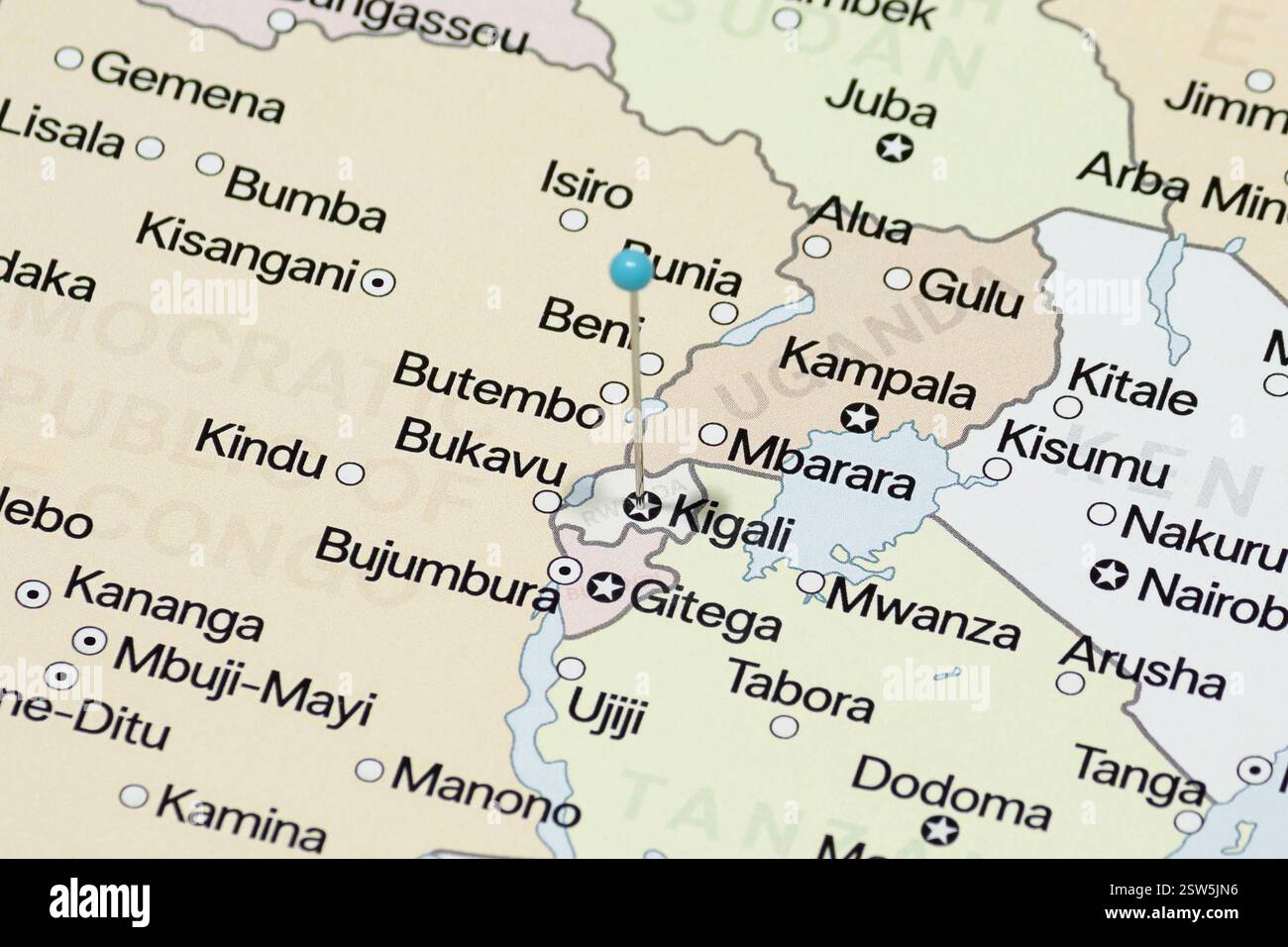 light blue pin needle into kigali city of rwanda political map Stock ...