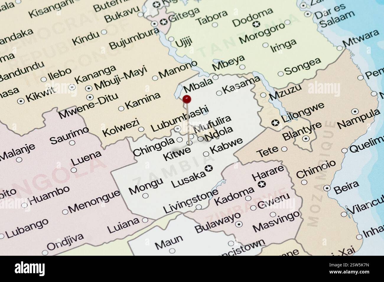 red pin needle into kitwe city of zambia political map Stock Photo - Alamy