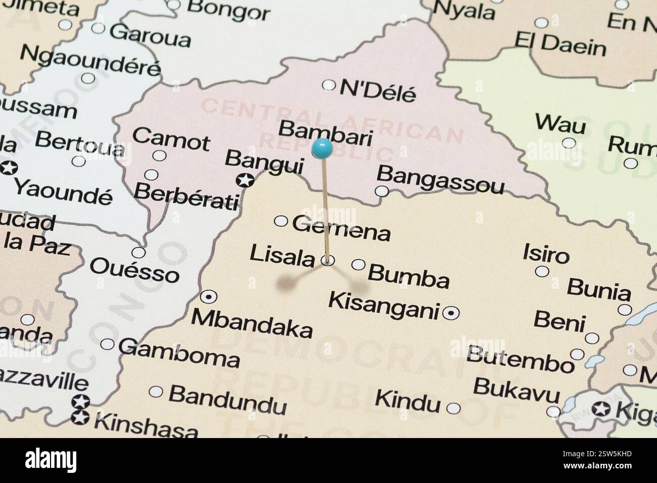 light blue pin needle into lisala city of democratic republic of the congo political map Stock ...