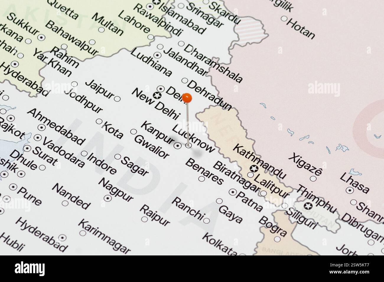 an orange pin needle into lucknow city of india political map Stock ...