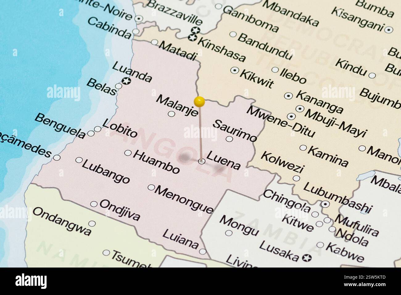 yellow pin needle into luena city of angola political map Stock Photo ...