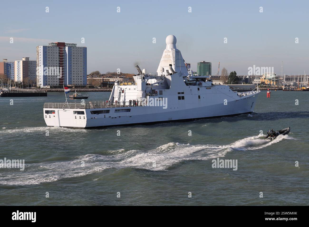 The Royal Netherlands Navy Holland class offshore patrol vessel HNLMS FRIESLAND (P842) heads ...