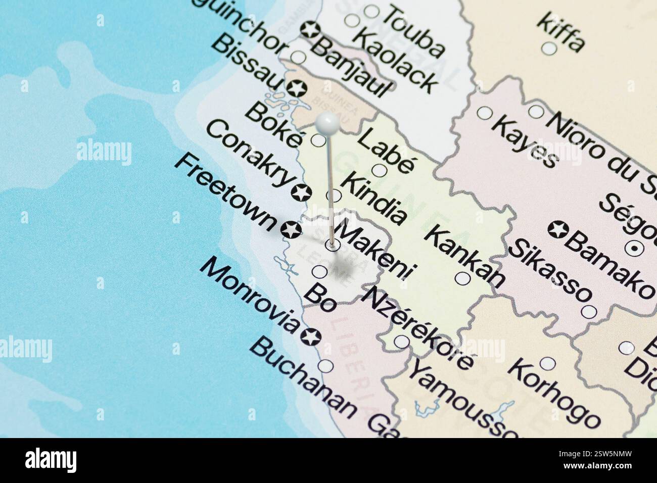 white pin needle into makeni city of sierra leone political map Stock ...