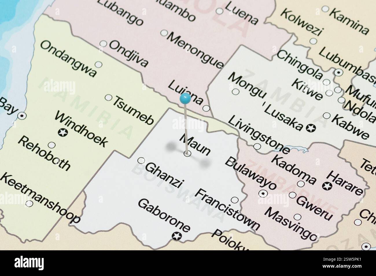 light blue pin needle into maun city of botswana political map Stock ...