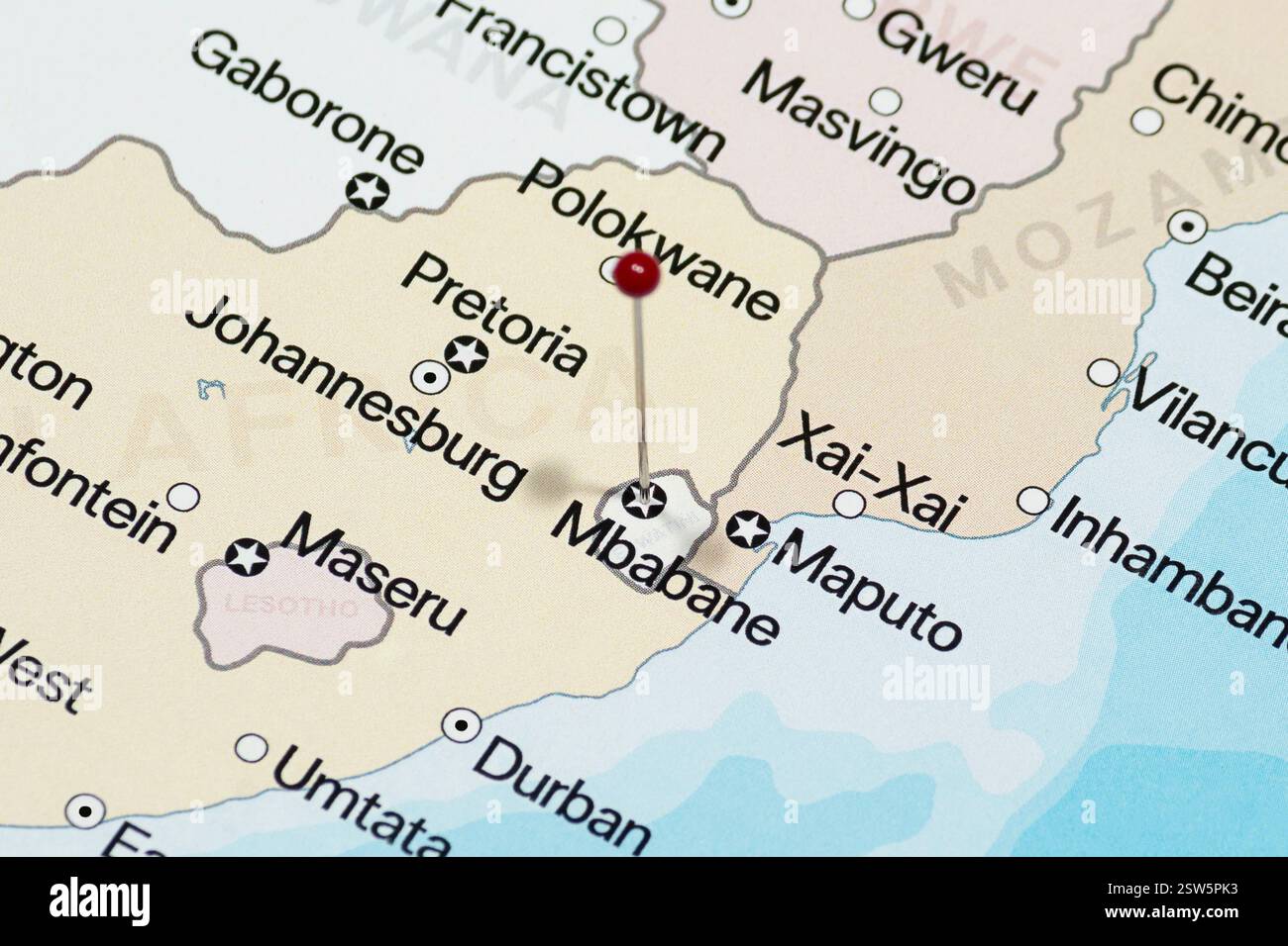 red pin needle into mbabane city of eswatini political map Stock Photo ...