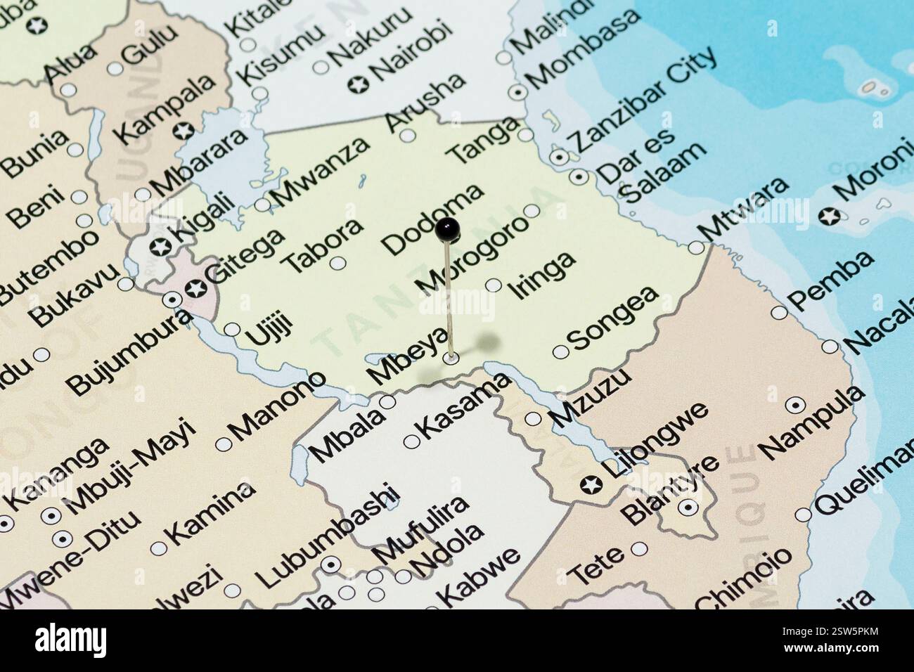 black pin needle into mbeya city of tanzania political map Stock Photo ...