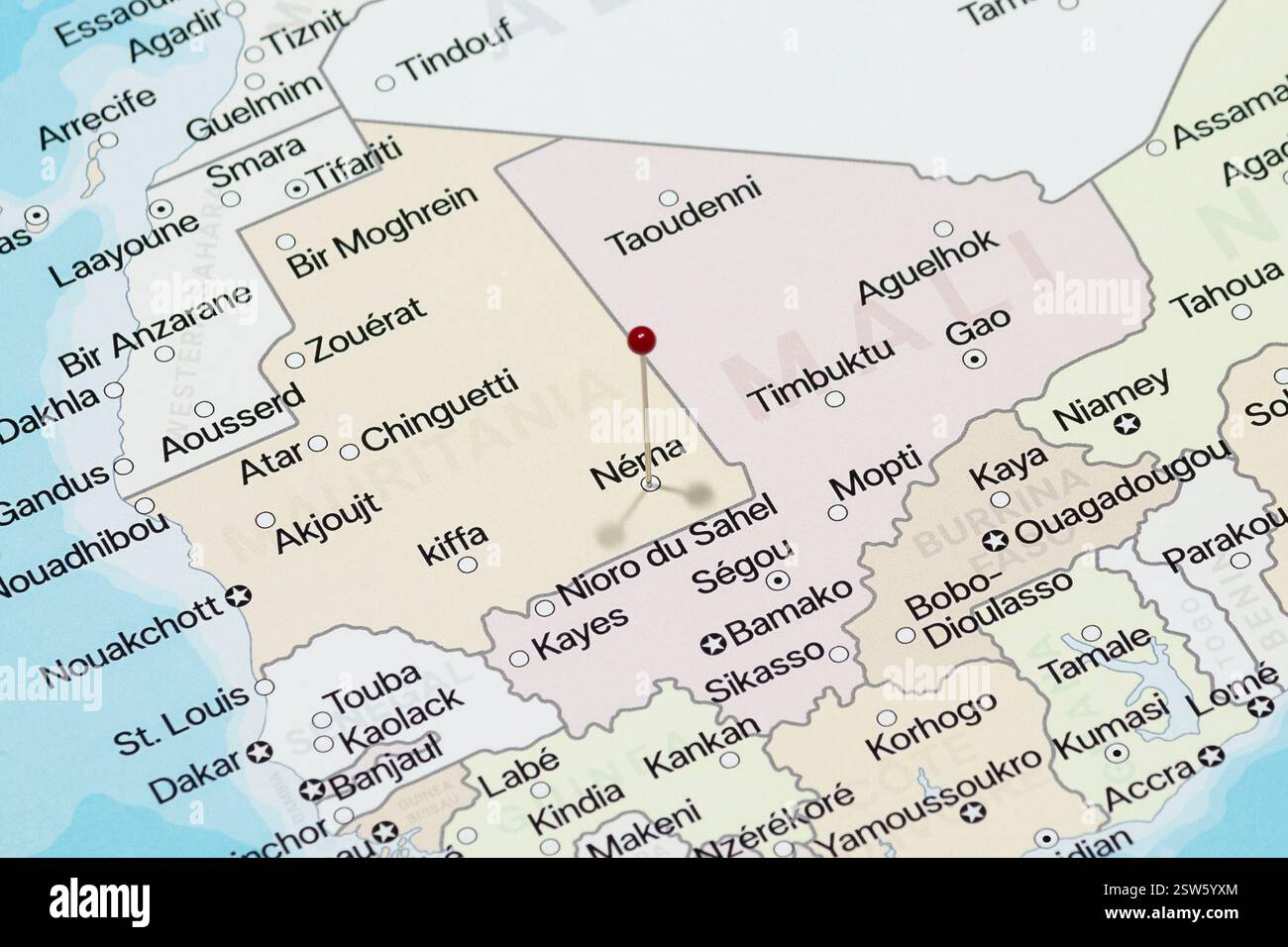 red pin needle into nema city of mauritania political map Stock Photo ...