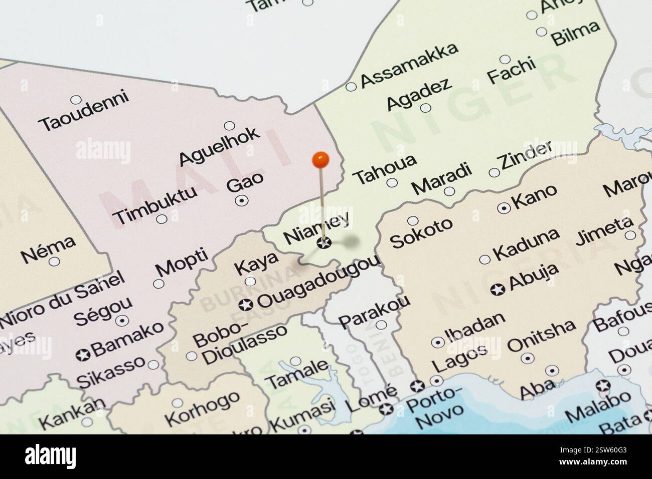 an orange pin needle into niamey city of niger political map Stock ...